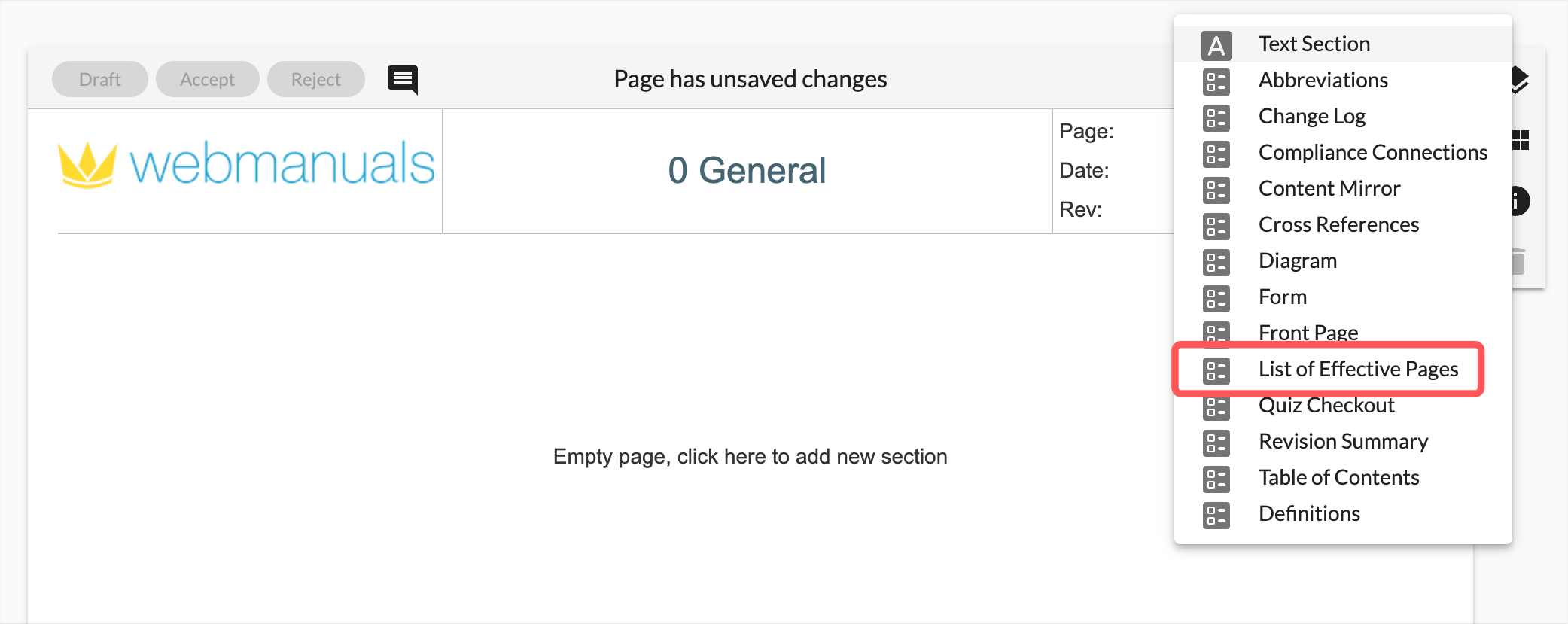 How to add a List of Effective Pages in Web Manuals – Web Manuals